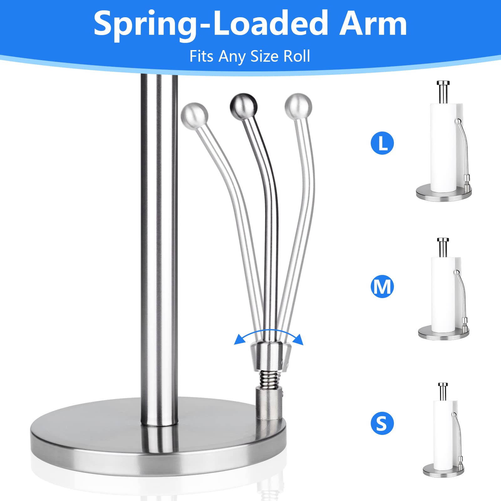 Paper Towel Holder Stand Stainless Steel Easy Tear Paper Towel Holder with Adjustable Spring Arm for Kitchen Bathroom