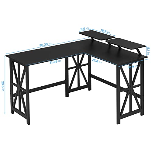 GreenForest L Shaped Desk with 2 Monitor Stand 50.4 inch Reversible Corner Computer Desk Home Office Gaming Workstation Easy Assembly,Black
