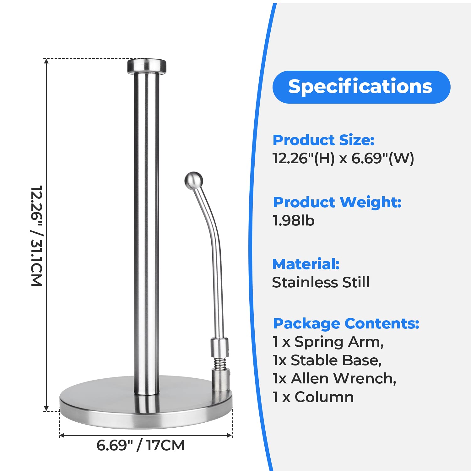 Paper Towel Holder Stand Stainless Steel Easy Tear Paper Towel Holder with Adjustable Spring Arm for Kitchen Bathroom