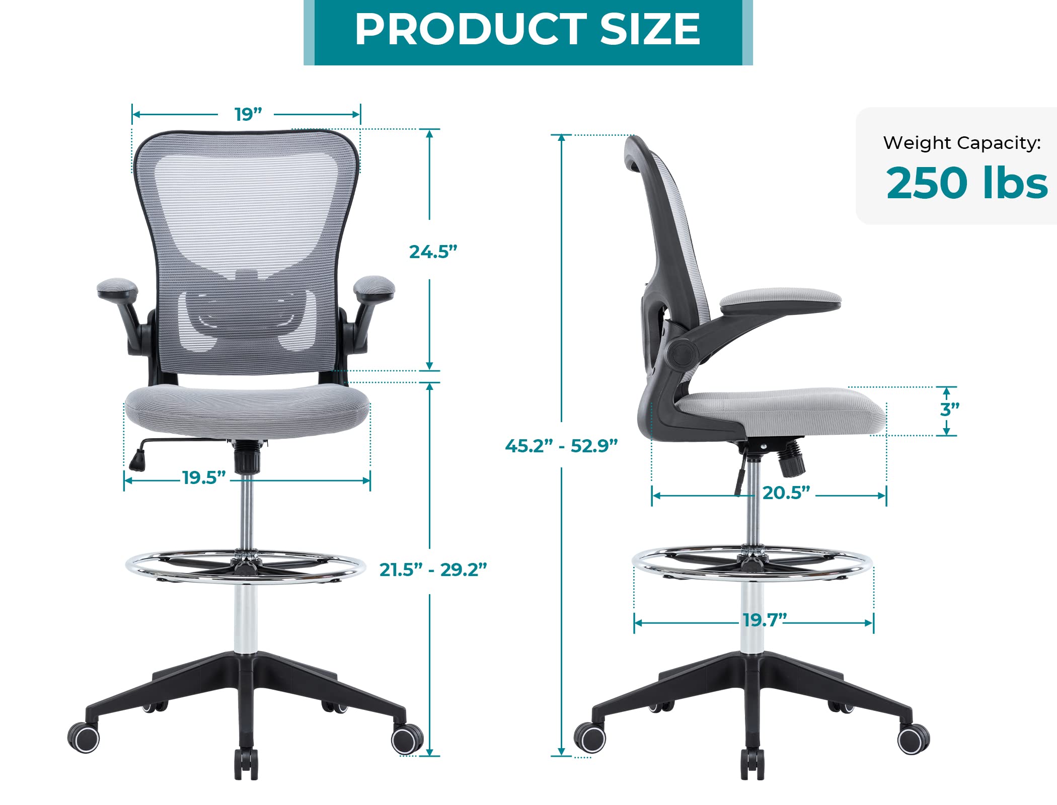 Hramk Ergonomic Office Drafting Desk Chair with Flip up Arms, Mesh Back Tall Office Chair with Adjustable Lumbar Support and Foot Ring (Nylon Wheelbase, Grey)