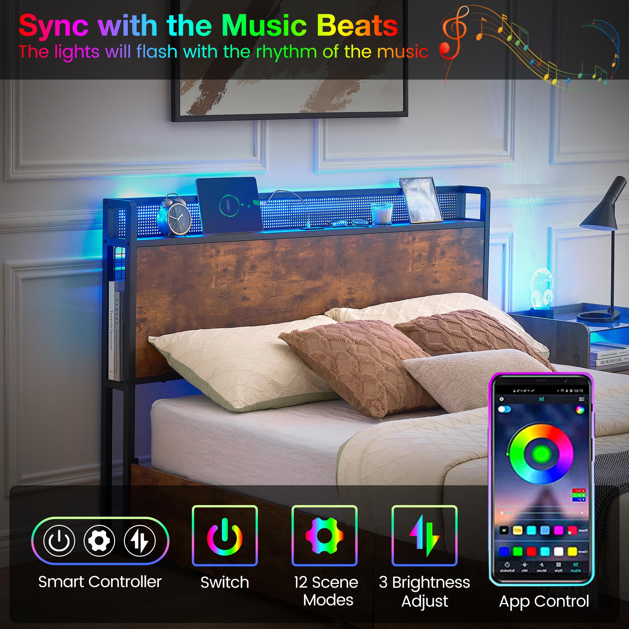 GAOMON Full Bed Frame with Storage Headboard and 4 Drawers LED Lights Metal Platform Bed Frame with Charging Station, Mattress Foundation Strong Wood Slats Support, No Box Spring Needed