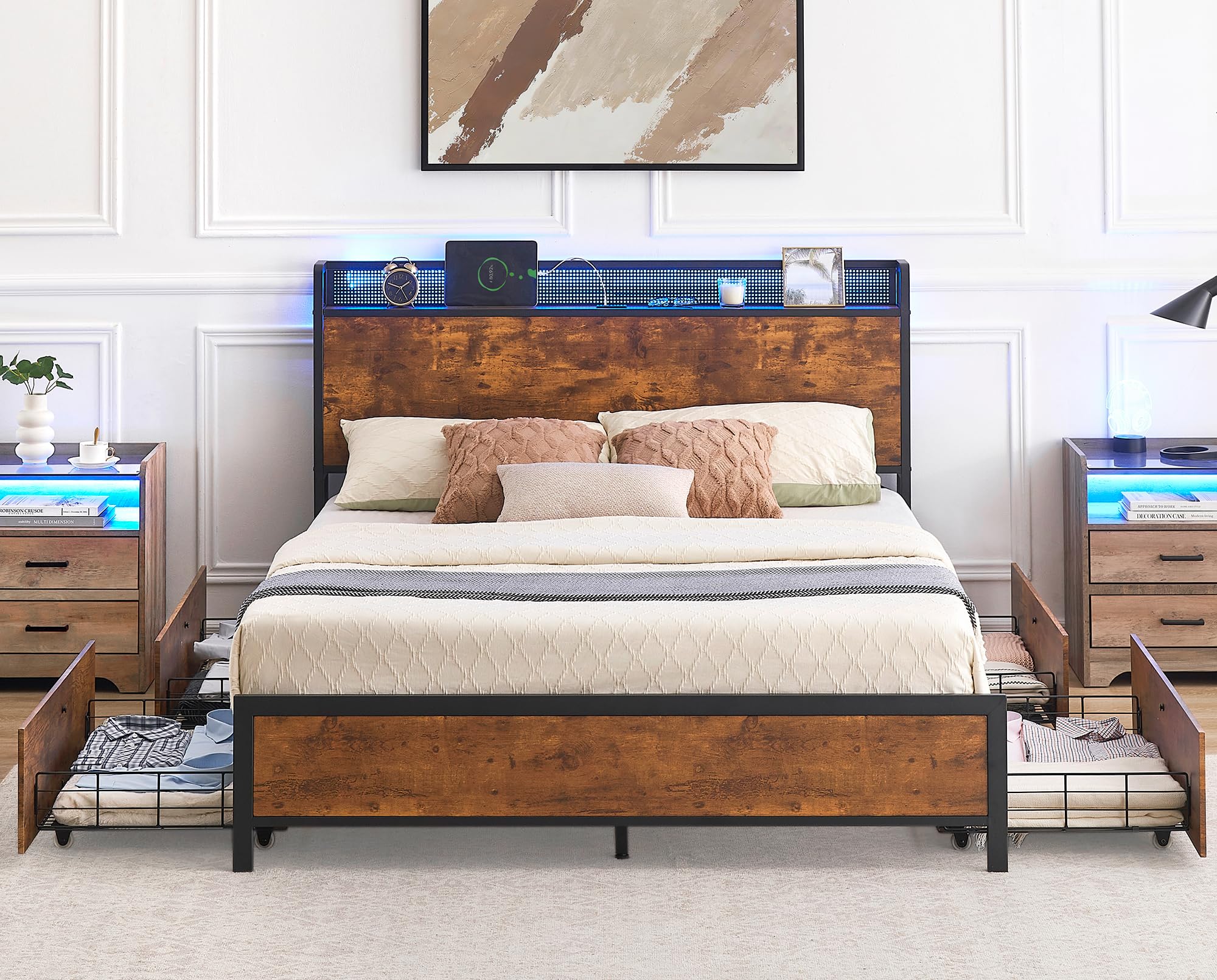 GAOMON Full Bed Frame with Storage Headboard and 4 Drawers LED Lights Metal Platform Bed Frame with Charging Station, Mattress Foundation Strong Wood Slats Support, No Box Spring Needed