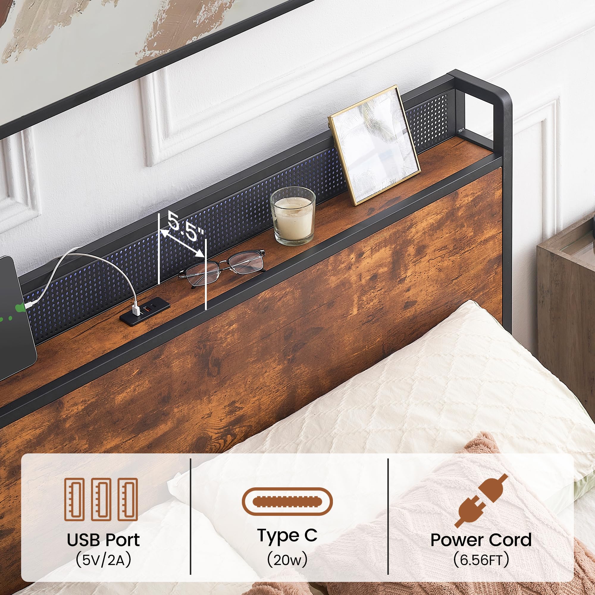 GAOMON Full Bed Frame with Storage Headboard and 4 Drawers LED Lights Metal Platform Bed Frame with Charging Station, Mattress Foundation Strong Wood Slats Support, No Box Spring Needed
