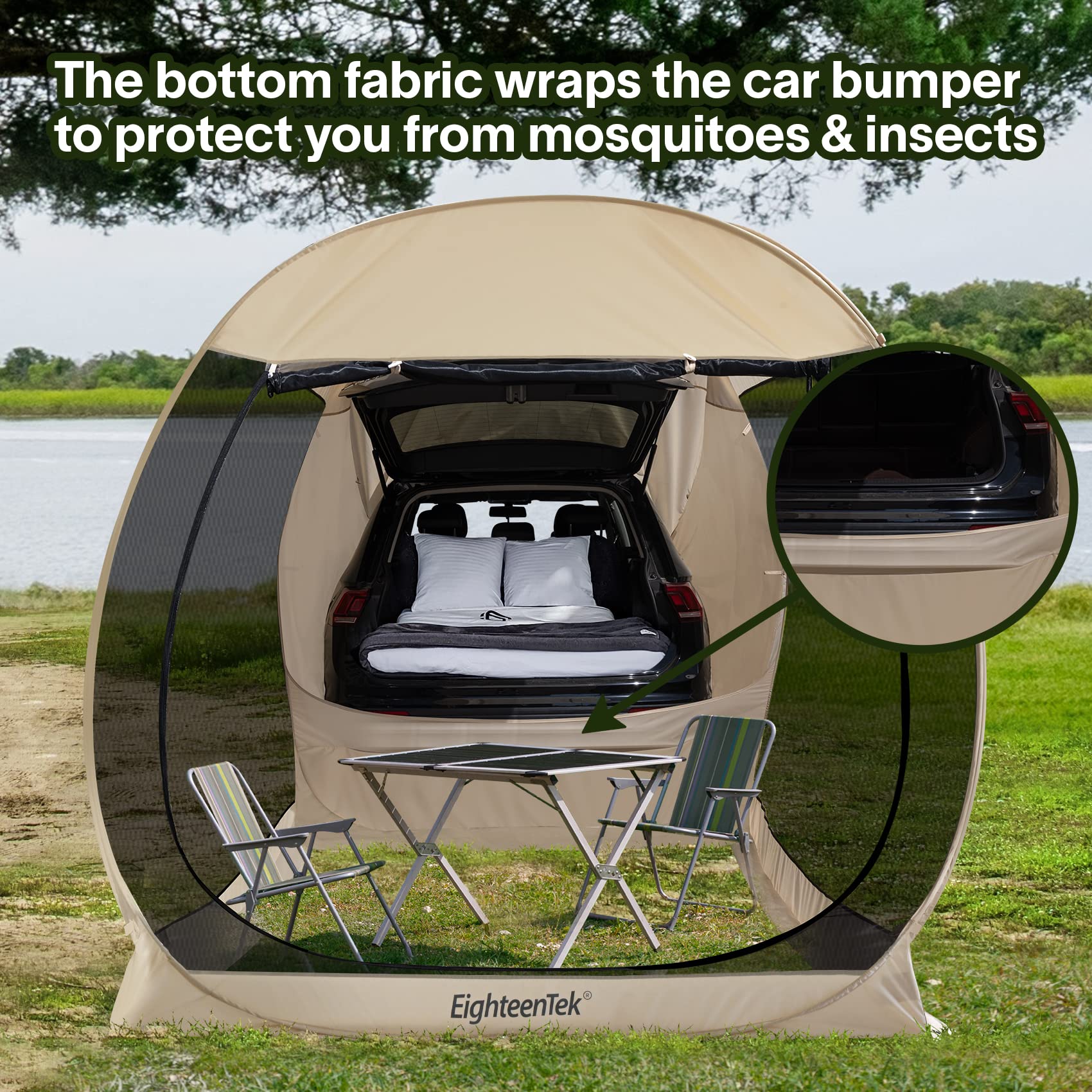 EighteenTek SUV Car Camping Tent - Pop Up Versatile Shelter Tent, Includes Sunshade sail, Storage Bag and Camping Accessories - 7’x7’x7.2’H - Not Waterproof