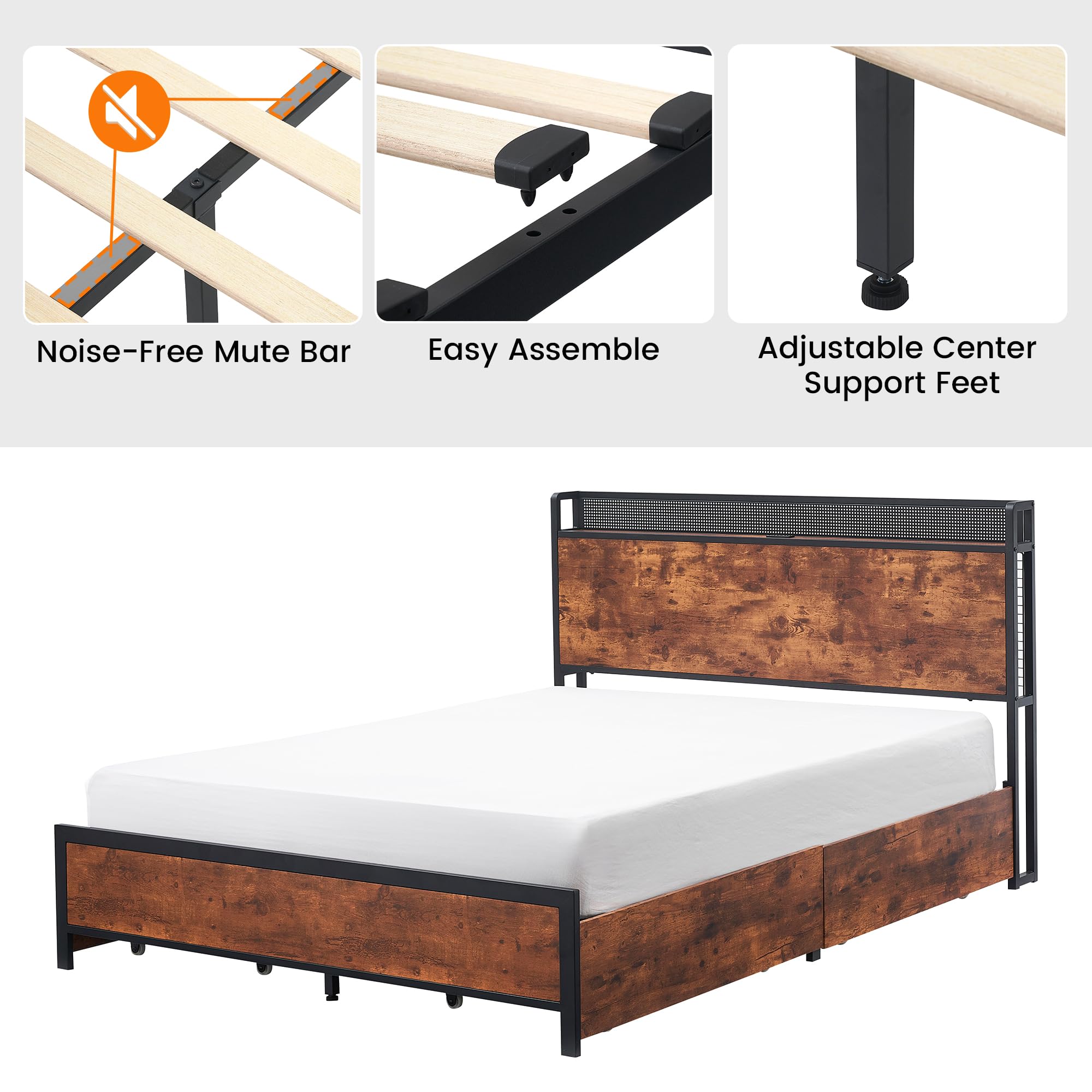 GAOMON Full Bed Frame with Storage Headboard and 4 Drawers LED Lights Metal Platform Bed Frame with Charging Station, Mattress Foundation Strong Wood Slats Support, No Box Spring Needed