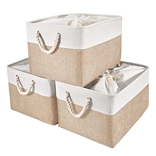HOdo Home Foldable Storage Bin with Drawstring Closure and 2 Bold Handles, Collapsible Large Canvas Storage Baskets for Organizing Shelf Nursery Home Closet (White&Yellow, 15.8L×11.8W×9.5H - 3Pack)