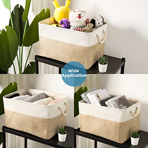 HOdo Home Foldable Storage Bin with Drawstring Closure and 2 Bold Handles, Collapsible Large Canvas Storage Baskets for Organizing Shelf Nursery Home Closet (White&Yellow, 15.8L×11.8W×9.5H - 3Pack)
