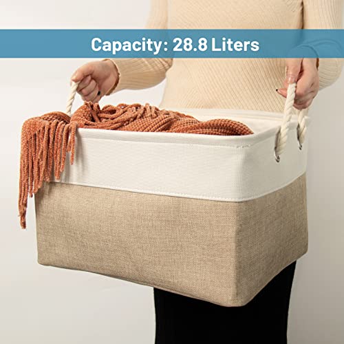HOdo Home Foldable Storage Bin with Drawstring Closure and 2 Bold Handles, Collapsible Large Canvas Storage Baskets for Organizing Shelf Nursery Home Closet (White&Yellow, 15.8L×11.8W×9.5H - 3Pack)