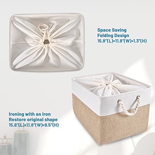 HOdo Home Foldable Storage Bin with Drawstring Closure and 2 Bold Handles, Collapsible Large Canvas Storage Baskets for Organizing Shelf Nursery Home Closet (White&Yellow, 15.8L×11.8W×9.5H - 3Pack)