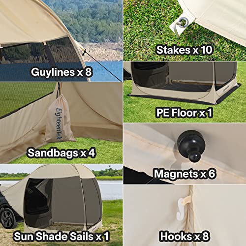 EighteenTek SUV Car Camping Tent - Pop Up Versatile Shelter Tent, Includes Sunshade sail, Storage Bag and Camping Accessories - 7’x7’x7.2’H - Not Waterproof