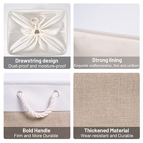 HOdo Home Foldable Storage Bin with Drawstring Closure and 2 Bold Handles, Collapsible Large Canvas Storage Baskets for Organizing Shelf Nursery Home Closet (White&Yellow, 15.8L×11.8W×9.5H - 3Pack)