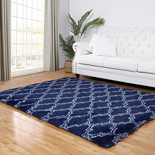 4X6 Feet Navy Blue Soft Area Rug for Bedroom Living Room Furry Big Plush Fuzzy Rugs Luxury Fluffy Rug for Girls Boys Kids Room Shaggy Carpet (4X6 Feet, Navy Blue/White)