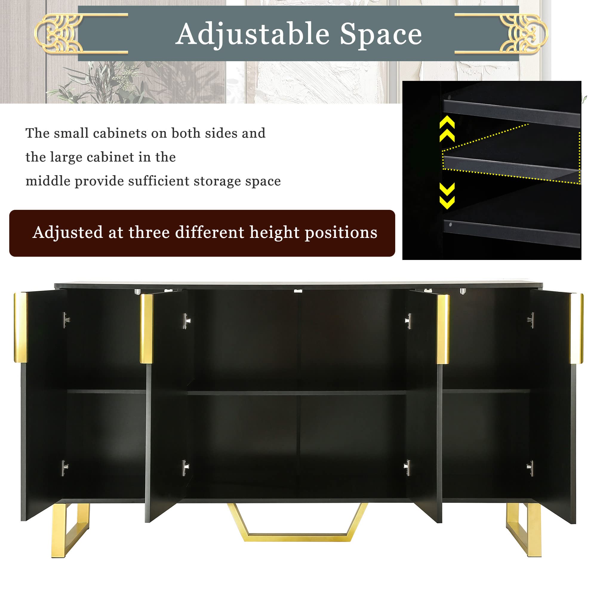 LUMISOL Sideboard Buffet Cabinet, Modern Kitchen Sideboard with 4 Doors, Wooden Storage Cabinet with Metal Base and Marble Sticker Desktop, Mid Century Console Table for Dining Living Room, Black