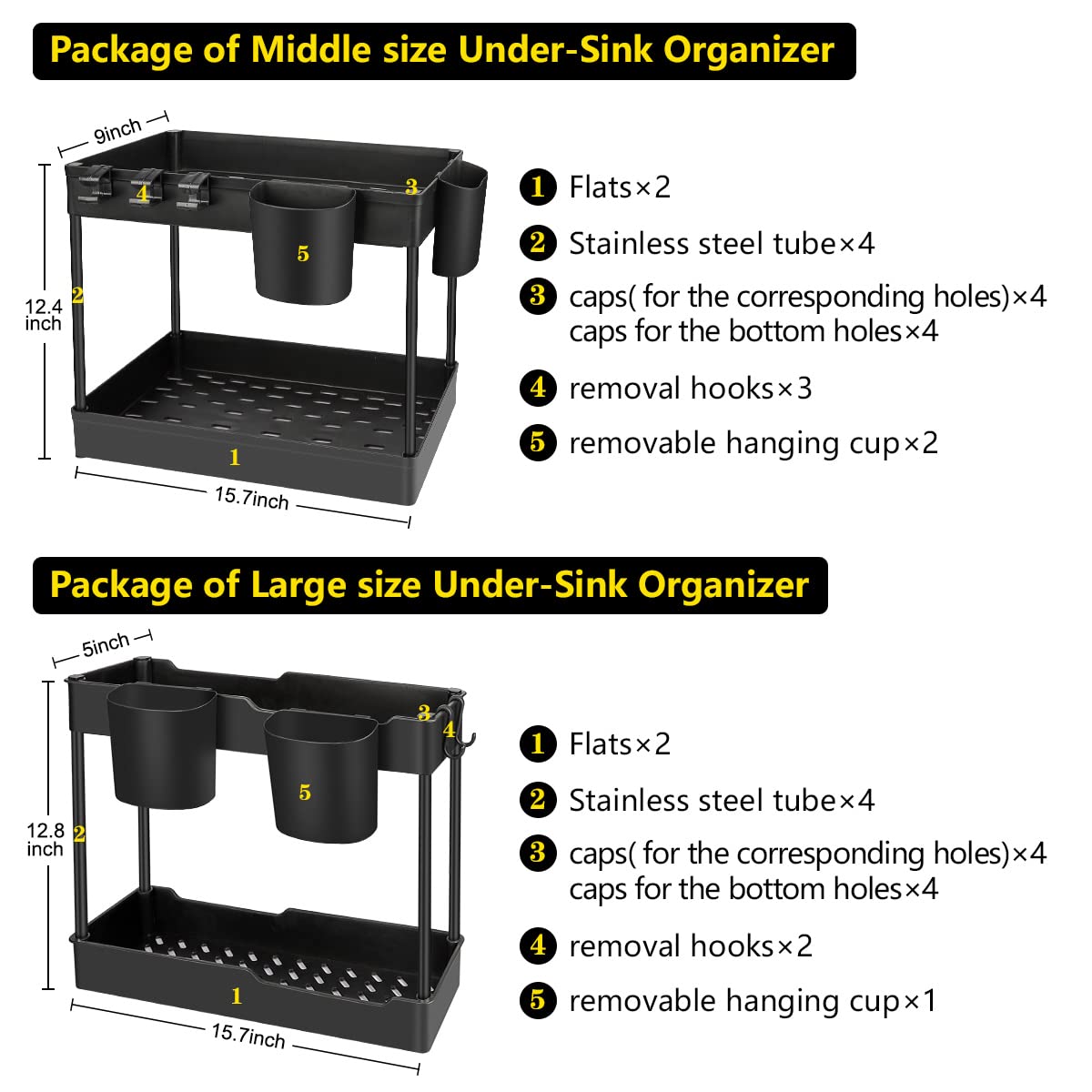 WAKISA 2 Pack Under Sink Organizer, 2 Tier Under Sink Organizers and Storage Kitchen Cabinet Sink Organizer Shelf Rack with 4 Hanging Cups and 5 Hooks for Bathroom Kitchen Office Home Storage