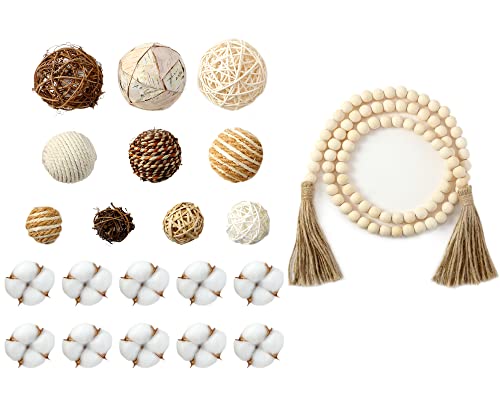 20 Pieces Decorative Balls for Bowls, Assorted Decorative Balls Set, Bowl Decorative Filler and 58 Inches Wood Bead Garland with Tassels for Vase Bowl Filler Table Decoration