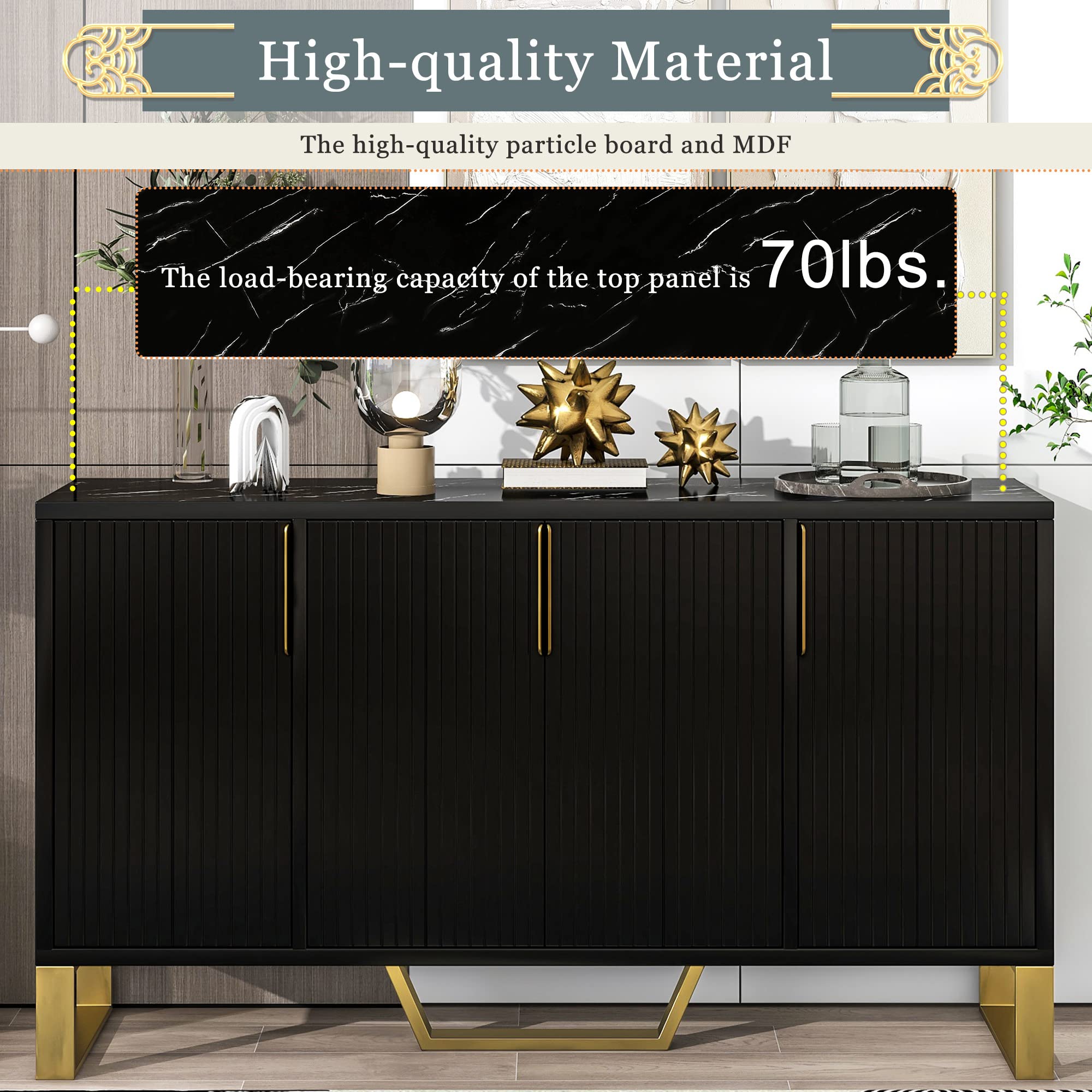 LUMISOL Sideboard Buffet Cabinet, Modern Kitchen Sideboard with 4 Doors, Wooden Storage Cabinet with Metal Base and Marble Sticker Desktop, Mid Century Console Table for Dining Living Room, Black