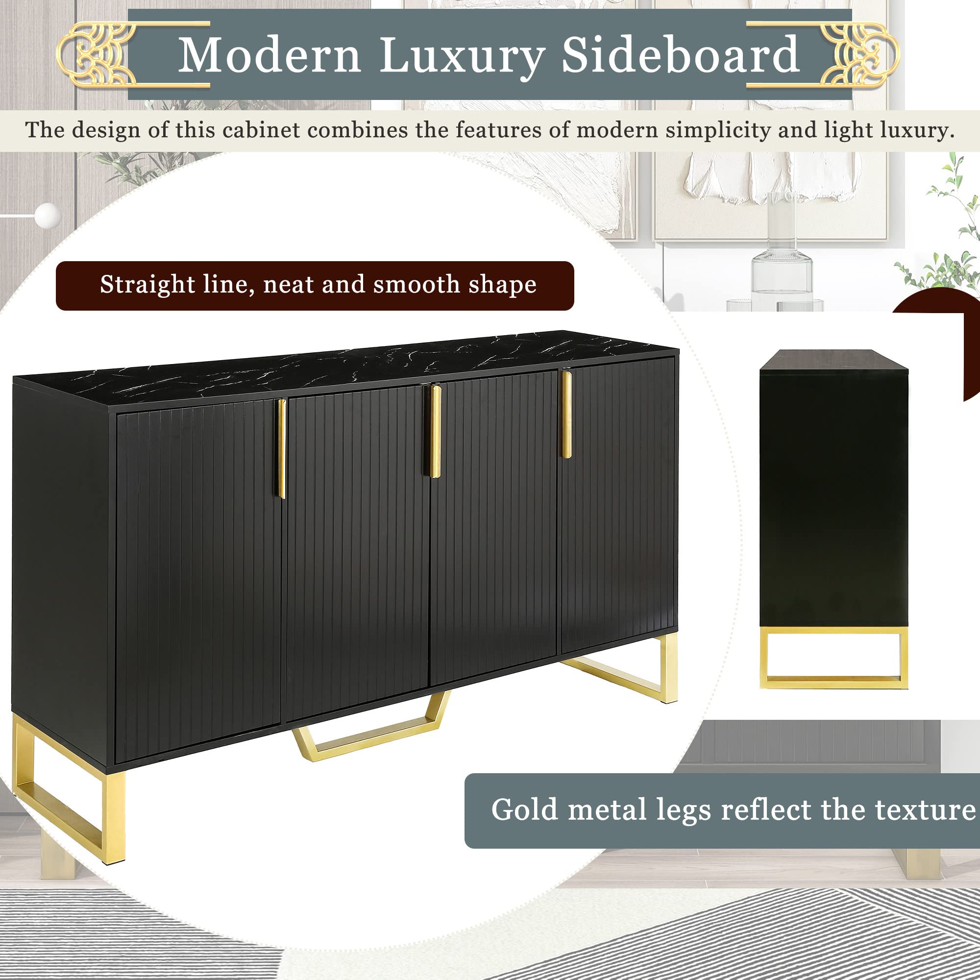 LUMISOL Sideboard Buffet Cabinet, Modern Kitchen Sideboard with 4 Doors, Wooden Storage Cabinet with Metal Base and Marble Sticker Desktop, Mid Century Console Table for Dining Living Room, Black