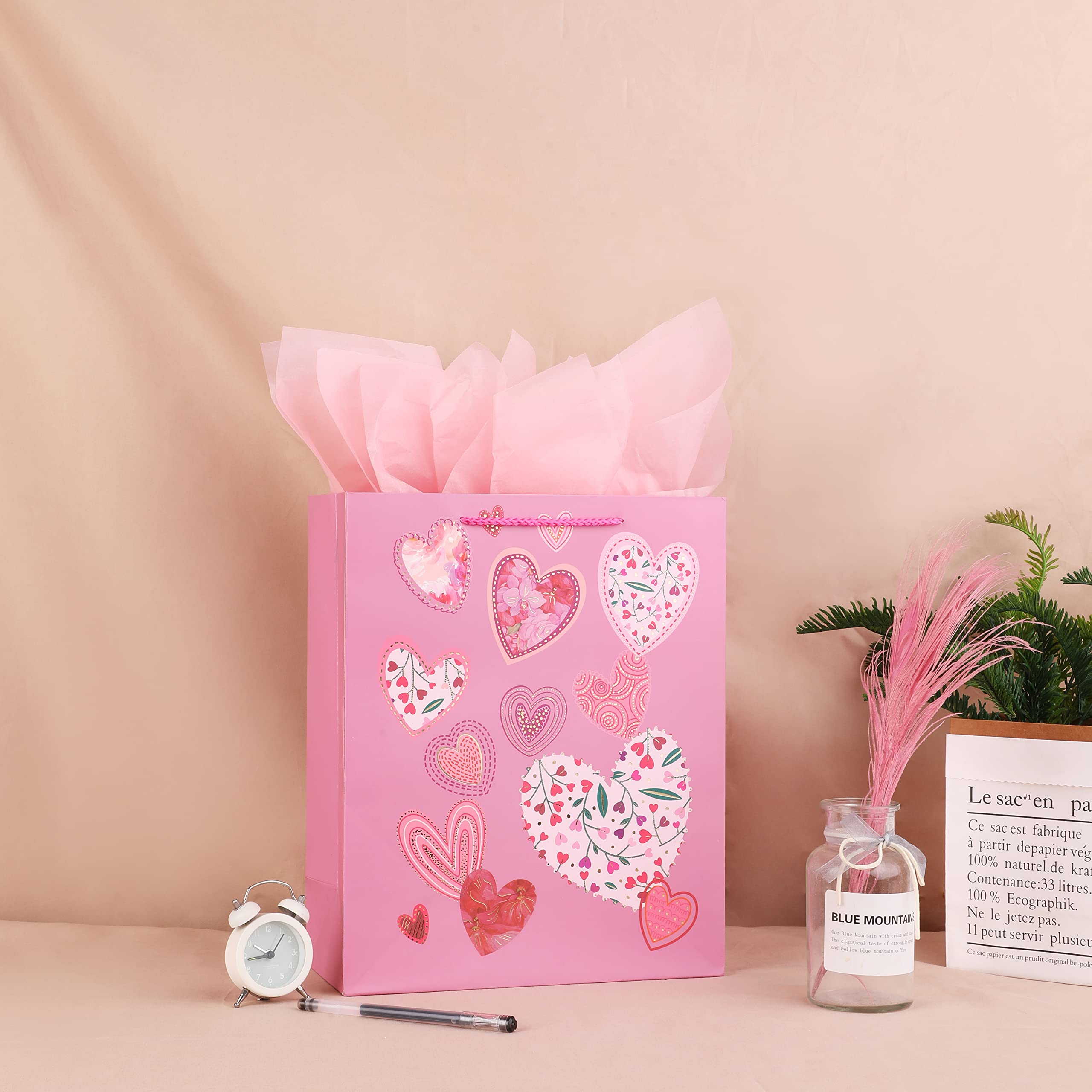 12.6" Large Gift Bag with Tissue Paper, Gift Bag with Love Design for Valentine’s Day, Mother’s Day, Anniversary, Sweetest Day and More. (Scattered Hearts)