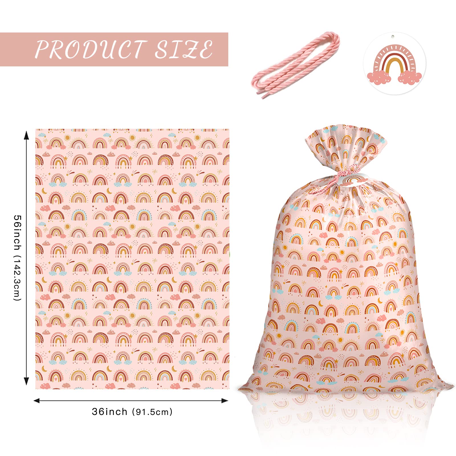 Loveinside Jumbo Large Plastic Gift Bag, Birthday Design Plastic Bag with Tag and Tie for Birthday Party, Graduation, Baby Shower - 56" x 36", 1 Pcs - Pink Rainbow