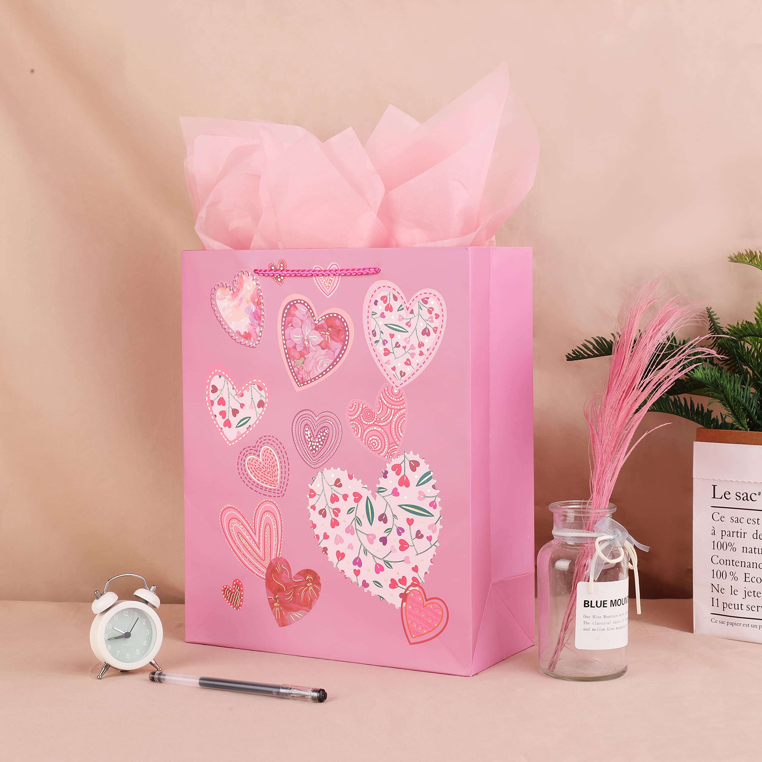 12.6" Large Gift Bag with Tissue Paper, Gift Bag with Love Design for Valentine’s Day, Mother’s Day, Anniversary, Sweetest Day and More. (Scattered Hearts)
