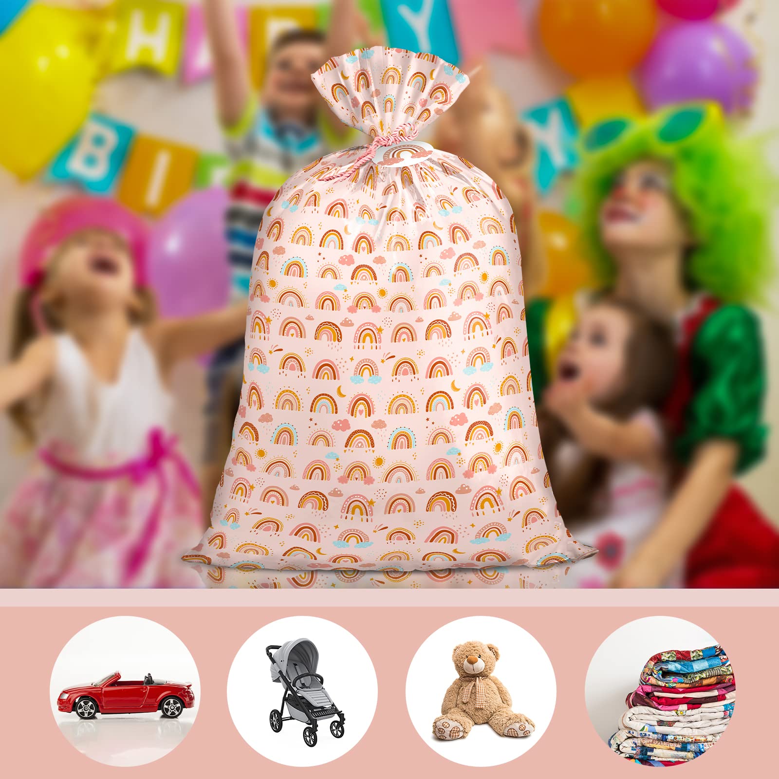 Loveinside Jumbo Large Plastic Gift Bag, Birthday Design Plastic Bag with Tag and Tie for Birthday Party, Graduation, Baby Shower - 56" x 36", 1 Pcs - Pink Rainbow
