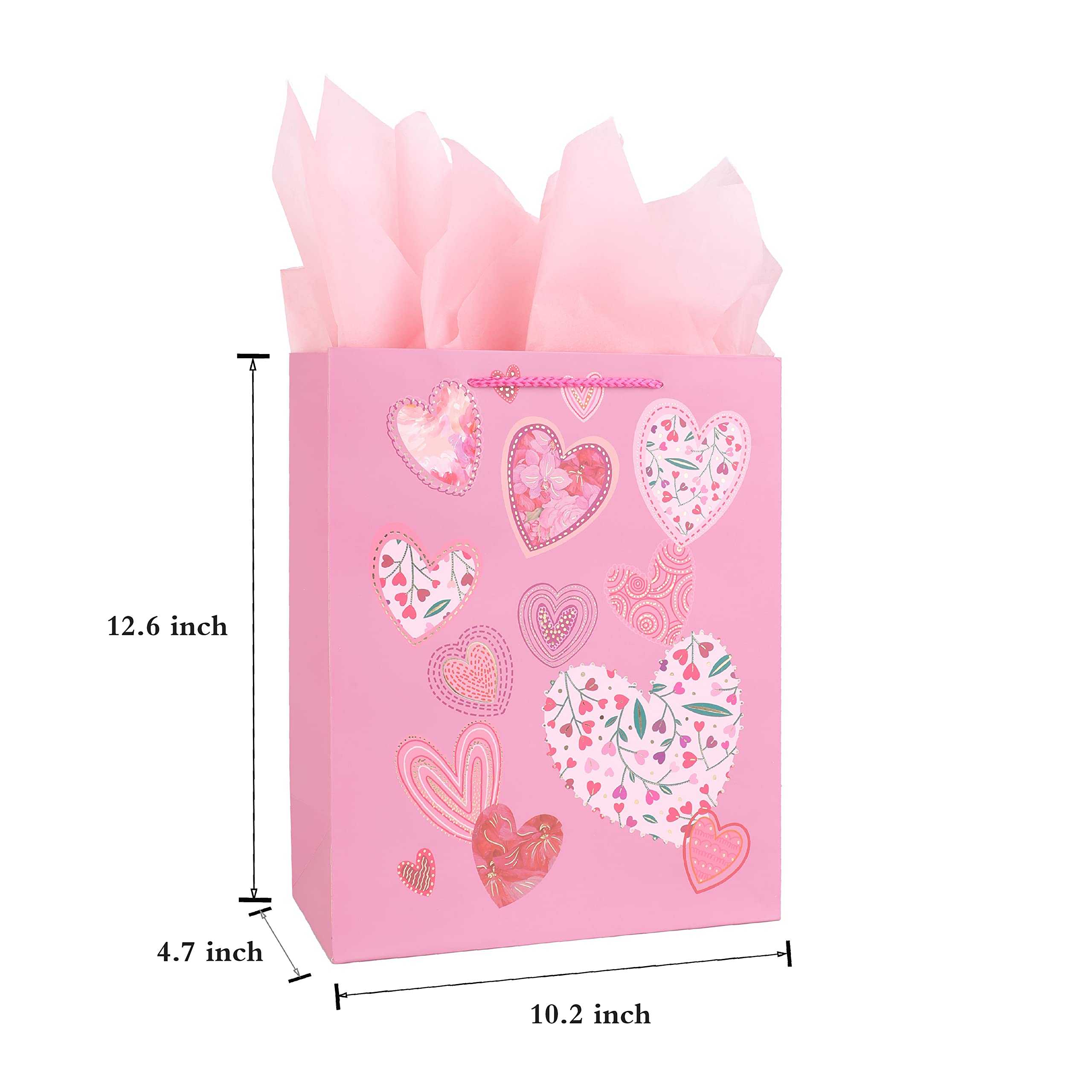 12.6" Large Gift Bag with Tissue Paper, Gift Bag with Love Design for Valentine’s Day, Mother’s Day, Anniversary, Sweetest Day and More. (Scattered Hearts)