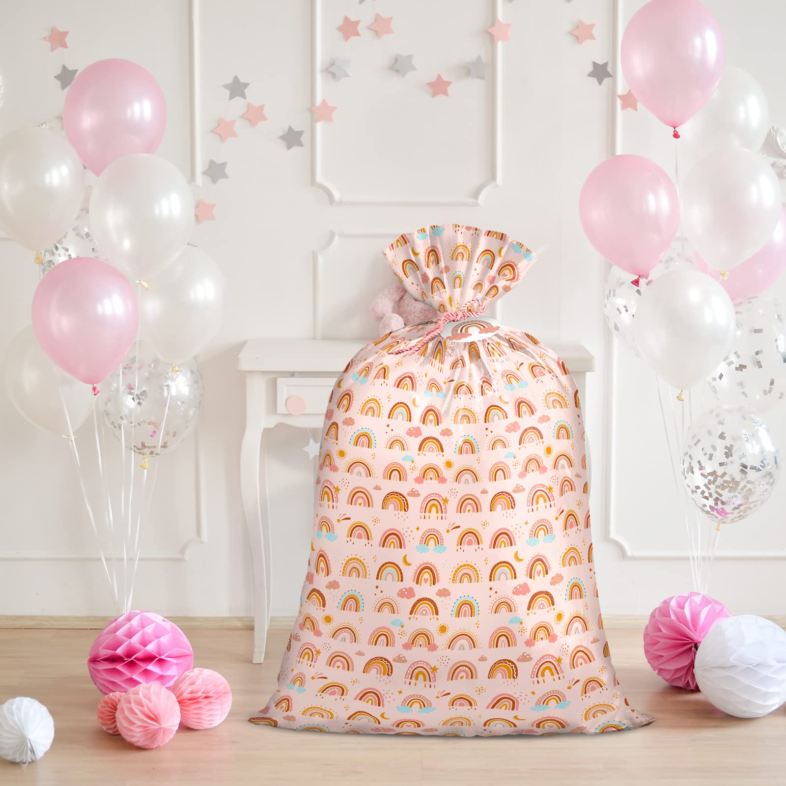 Loveinside Jumbo Large Plastic Gift Bag, Birthday Design Plastic Bag with Tag and Tie for Birthday Party, Graduation, Baby Shower - 56" x 36", 1 Pcs - Pink Rainbow