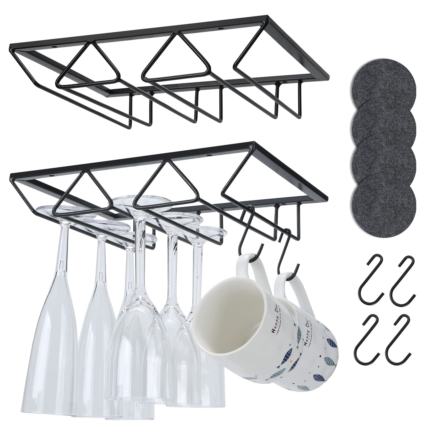 PTBeenta Wine Glass Rack, Metal Wine Glasses Holder Under Shelf & Cabinet, Hanging Stemware Rack Organizer for Bar Cabinet Kitchen, Wine Glass Drying Racks Hanger, Black, 3 Rows 2 Pack