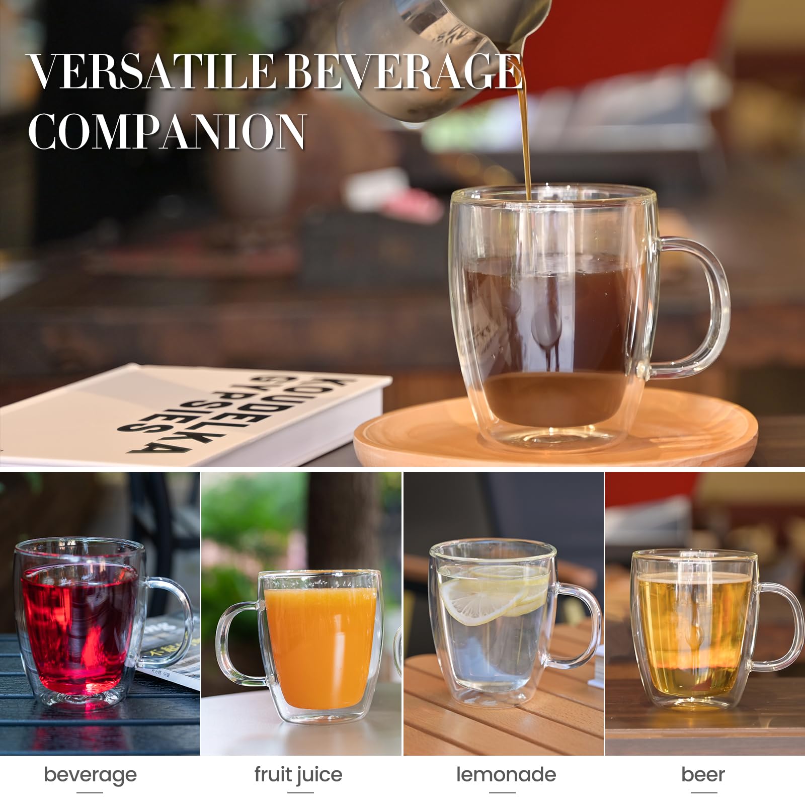 YUNCANG Double Wall Glass Coffee mugs, (4-Pcak) 16 Ounces-Clear Glass Coffee Cups with Handle,Insulated Coffee Glass,Cappuccino Cups,Tea Cups,Latte Cups,Beverage Glasses Heat Resistant