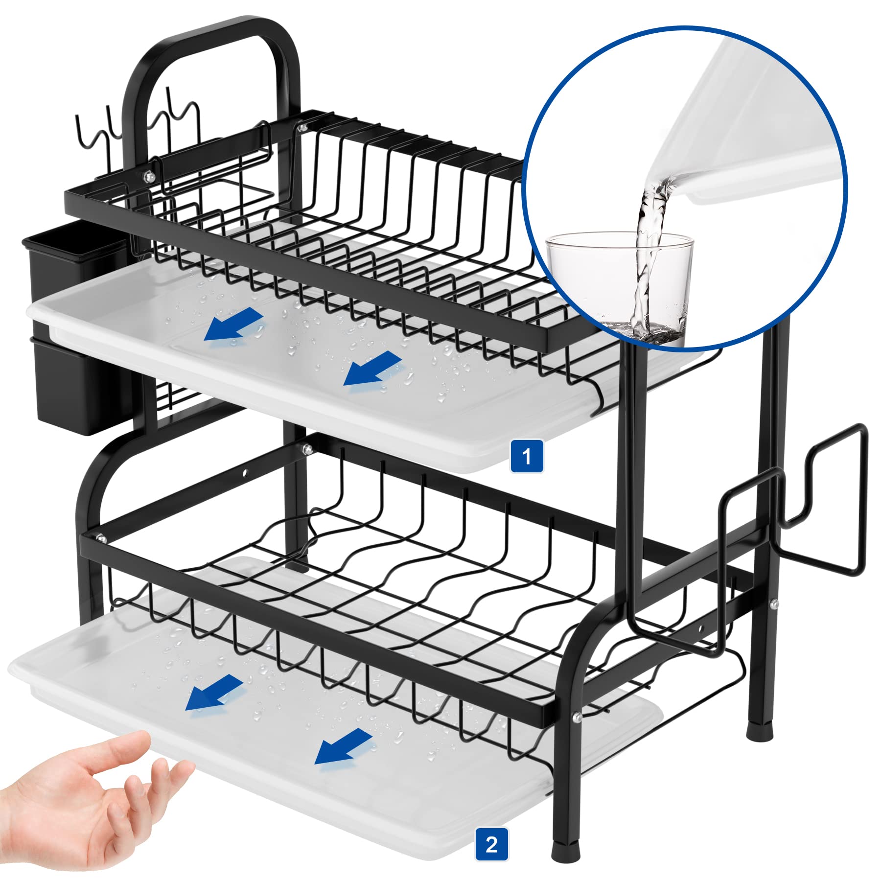 Astoryou Dish Drying Rack, 2 Tier Dish Racks for Kitchen Counter, Rust-Resistant Drying Rack Kitchen Dish Drainers with Drainboard ,Utensil Holder and Cutting Board Holder, Black