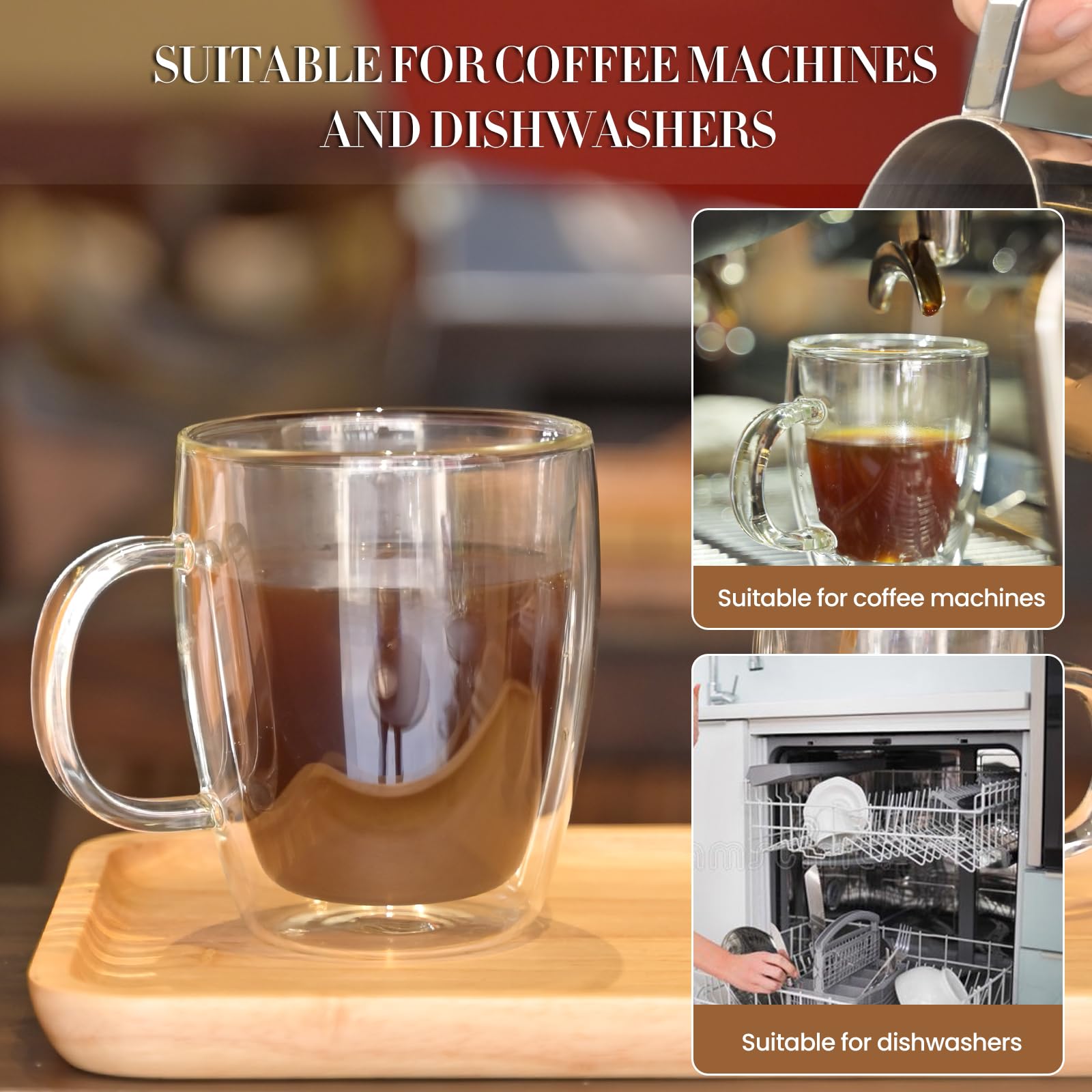 YUNCANG Double Wall Glass Coffee mugs, (4-Pcak) 16 Ounces-Clear Glass Coffee Cups with Handle,Insulated Coffee Glass,Cappuccino Cups,Tea Cups,Latte Cups,Beverage Glasses Heat Resistant