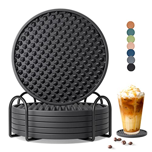 Drink Coasters Set of 6 with Holder, Silicone Coasters Tabletop Protection for Any Table Type, Wood, Glass, Stone Tables, Dishwasher Safe, Coasters for Drinks Fits Any Size of Drinking Glasses (Black)