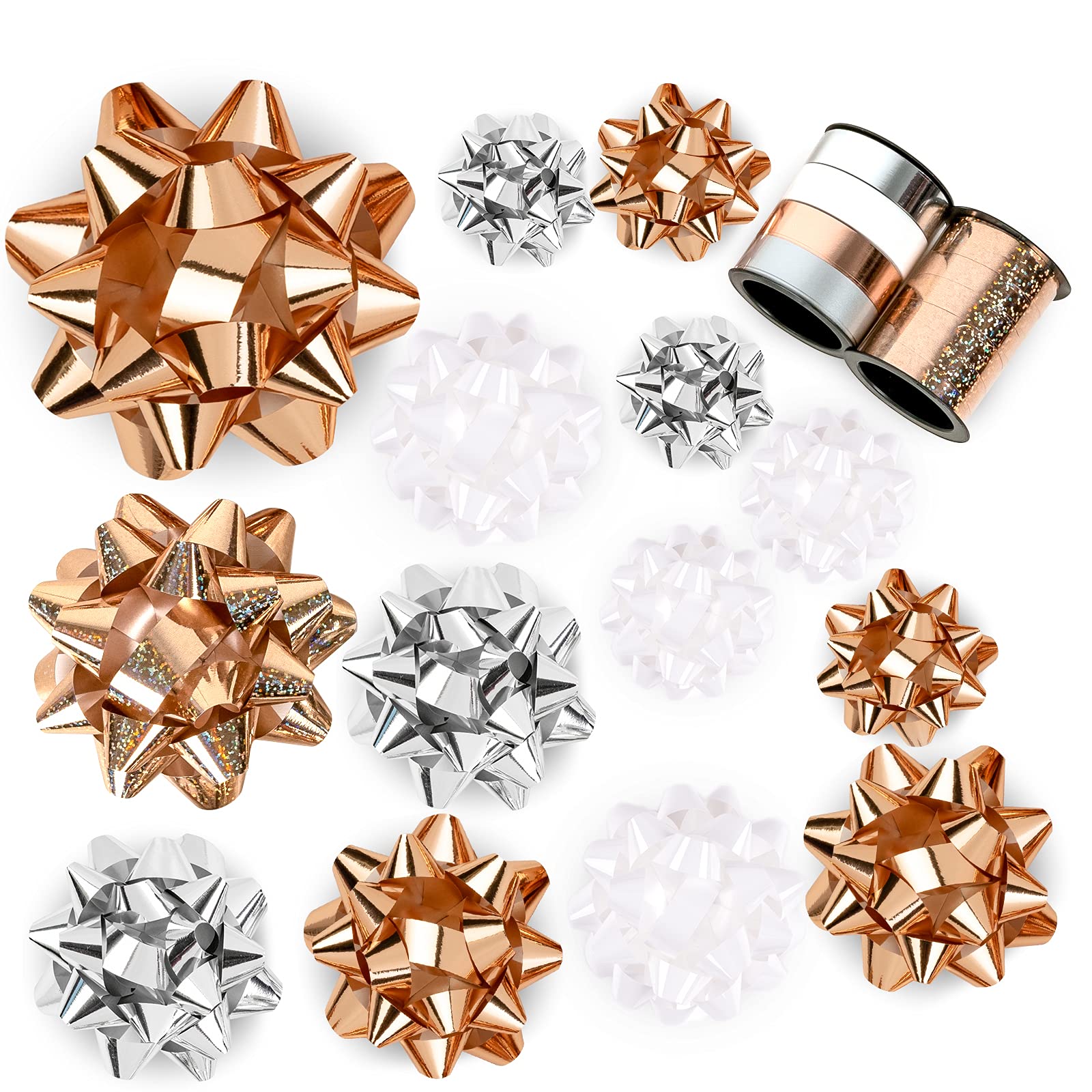 WRAPAHOLIC 16 Pcs Gift Bows Assortment - 14 Multi Colored Assorted Size Gift Bows (Rose Gold, Silver, White) and 2 Crimped Curling Ribbons, Perfect for Christmas, Holiday, Party