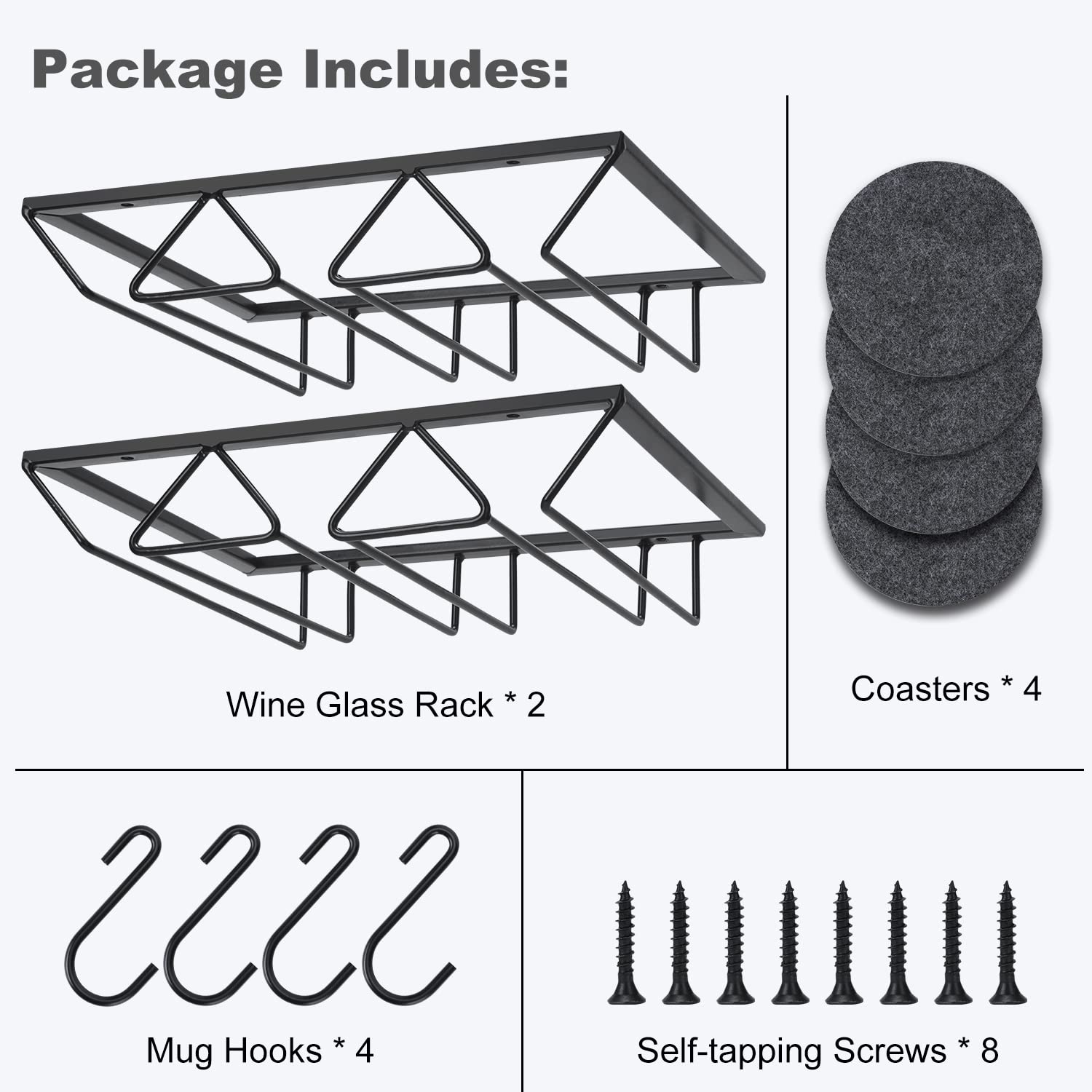PTBeenta Wine Glass Rack, Metal Wine Glasses Holder Under Shelf & Cabinet, Hanging Stemware Rack Organizer for Bar Cabinet Kitchen, Wine Glass Drying Racks Hanger, Black, 3 Rows 2 Pack
