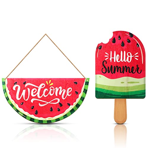 Watermelon Hanging Sign 2 Pieces Watermelon Welcome Door Hanger Wooden Decor Hello Summer Door Decor Watermelon Hanging Decor for Front Door Wreath Home Decor
