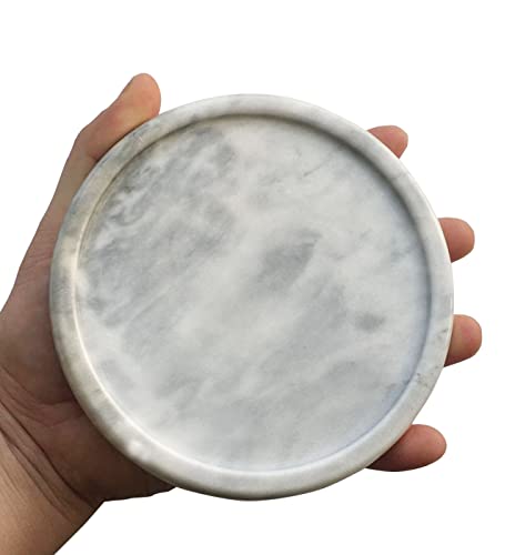 Natural Marble Tray, Circular Marble Stone Decorative Tray for Counter，Jewelry, Vanity,White Round Small Tray, 5-1/2" Diameter, (White)