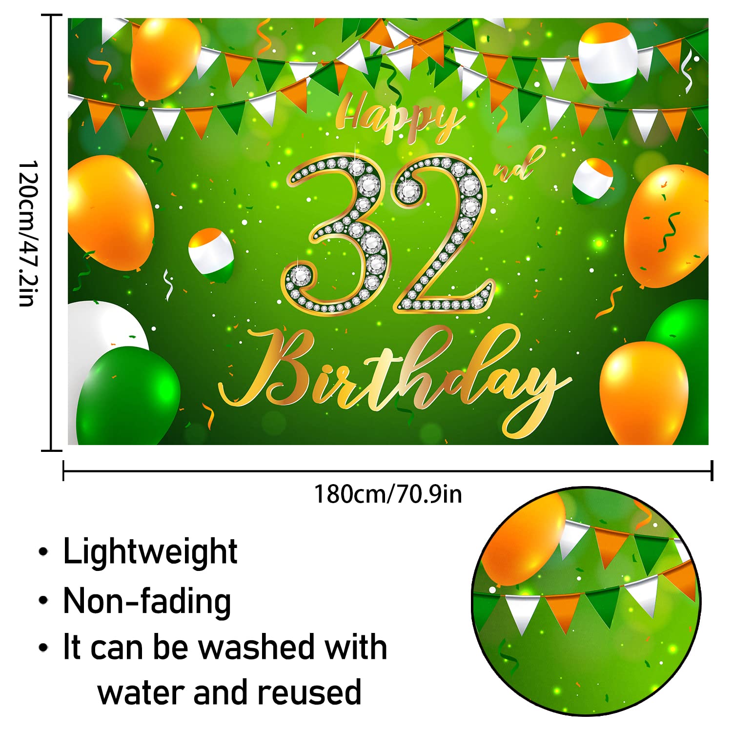 Happy 32nd Birthday Backdrop Banner Decor Green - Glitter Cheers to 32 Years Old Birthday Party Theme Decorations for Men Women Supplies