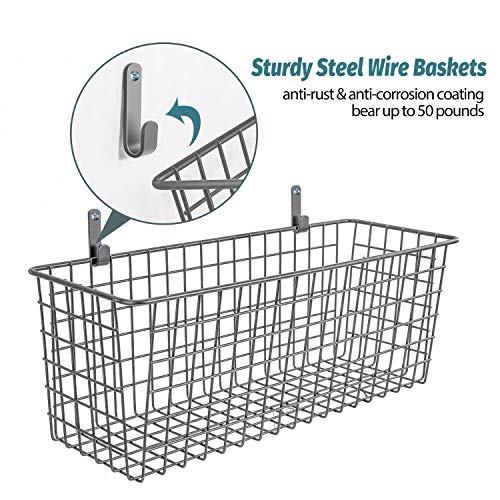 4 Set [Extra Large] Hanging Wall Basket for Storage, Wall Mount Sturdy Steel Wire Baskets, Metal Hang Cabinet Bin Wall Shelves, Rustic Farmhouse Decor, Kitchen Bathroom Organizer, Industrial Gray