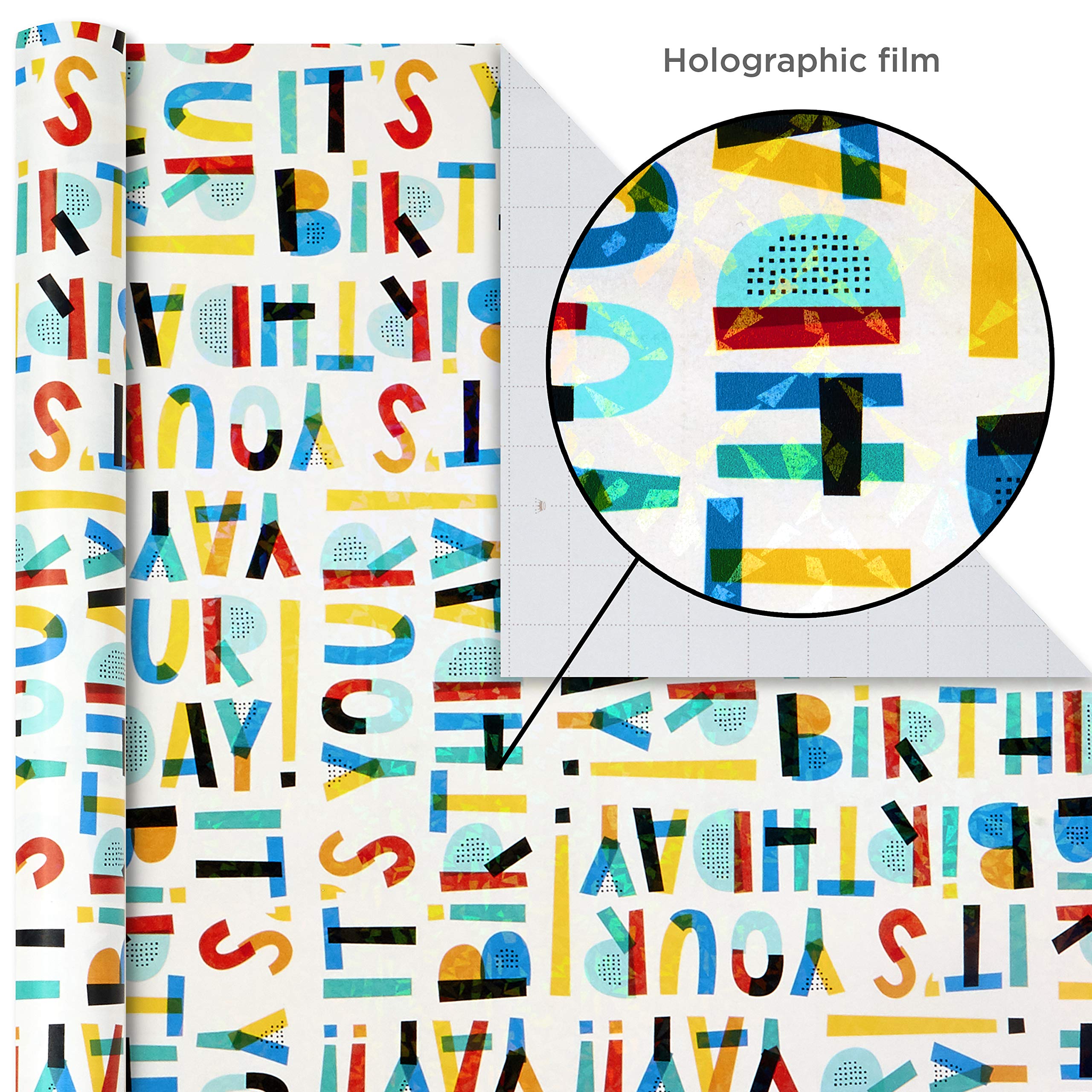 Hallmark Birthday Wrapping Paper Bundle with Cut Lines on Reverse (3-Pack: 55 sq. ft. ttl.) Bright and Holographic Prints and Patterns in Red, Blue, Yellow, White and More