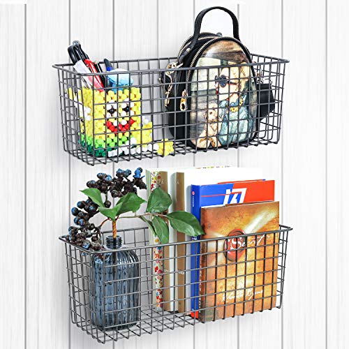 4 Set [Extra Large] Hanging Wall Basket for Storage, Wall Mount Sturdy Steel Wire Baskets, Metal Hang Cabinet Bin Wall Shelves, Rustic Farmhouse Decor, Kitchen Bathroom Organizer, Industrial Gray