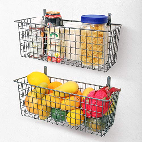 4 Set [Extra Large] Hanging Wall Basket for Storage, Wall Mount Sturdy Steel Wire Baskets, Metal Hang Cabinet Bin Wall Shelves, Rustic Farmhouse Decor, Kitchen Bathroom Organizer, Industrial Gray