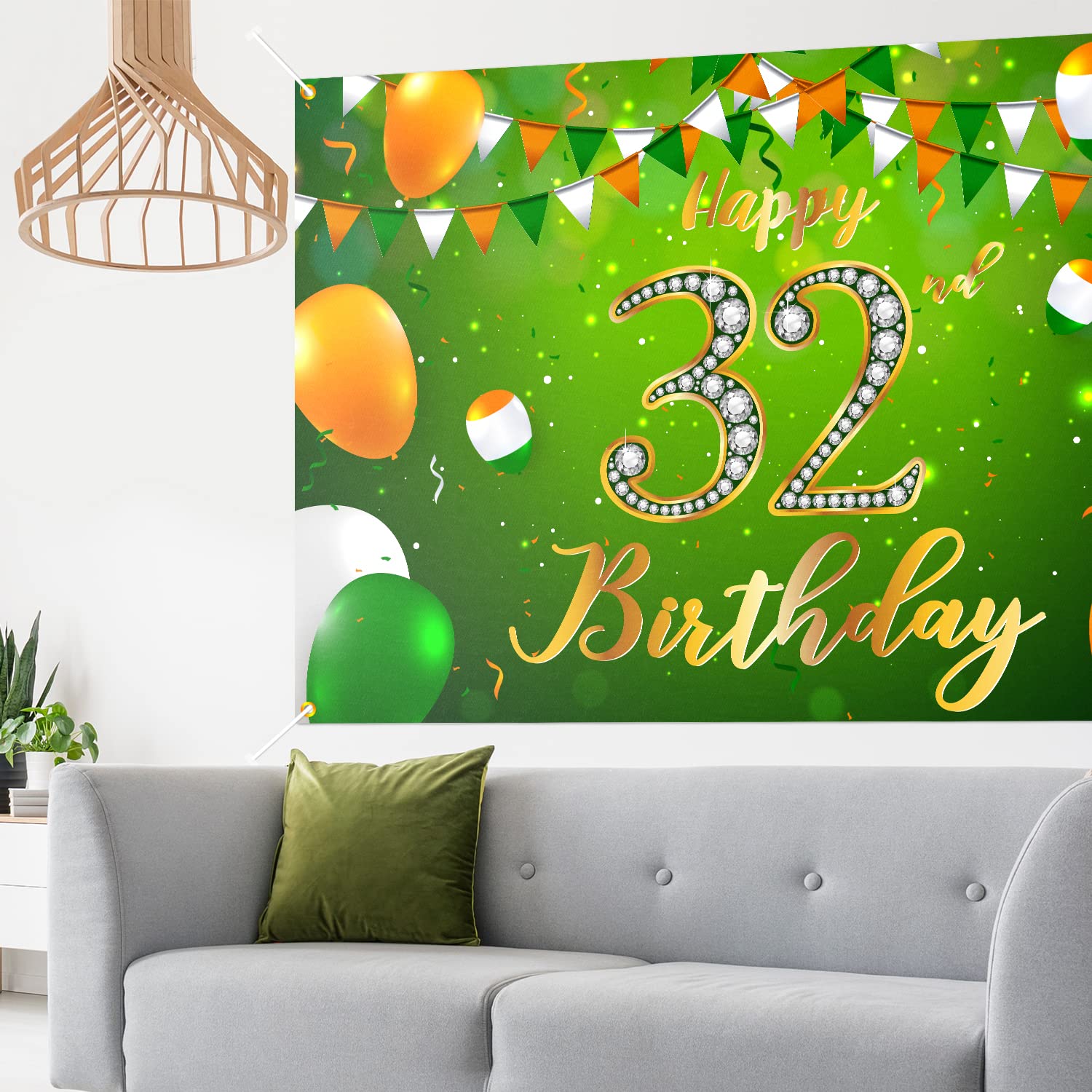 Happy 32nd Birthday Backdrop Banner Decor Green - Glitter Cheers to 32 Years Old Birthday Party Theme Decorations for Men Women Supplies