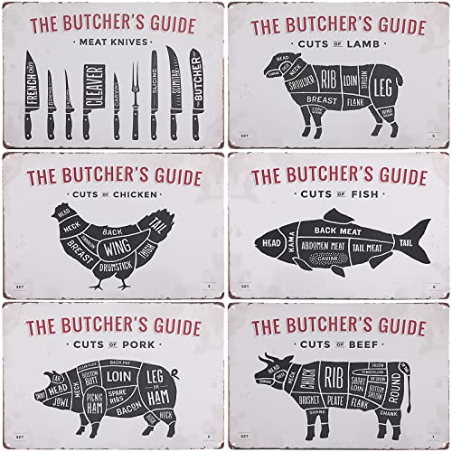 JUXYES Set of 6 Metal Vintage Tin Butcher Guide Poster Prints Retro Cuts of Meat Art Wall Decor Wall Art Sign for Home Kitchen Restaurant Bar Pub Shop, 30*20cm