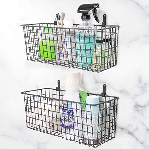 4 Set [Extra Large] Hanging Wall Basket for Storage, Wall Mount Sturdy Steel Wire Baskets, Metal Hang Cabinet Bin Wall Shelves, Rustic Farmhouse Decor, Kitchen Bathroom Organizer, Industrial Gray