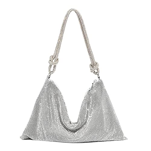 Fonzci Rhinestone Purses for Women, Silver Crystal Evening Bags Shiny Hobo Bag for Evening Party Club Bling Wedding Travel Proms Gifts Purse Shoulder Bag