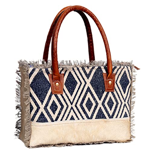 Ruzioon Upcycled Canvas Hand Bag, Upcycled Canvas & Cowhide Leather Tote Bag, Canvas Tote Bag for Women, Canvas Shoulder Bag