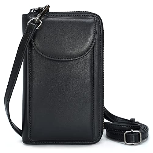 Niaiu Full Grain Leather Cell Phone Purse, Black Leather Small Crossbody Bags for Women, Lightweight Cute Purses for teen girls with RFID Blocking