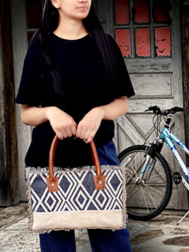 Ruzioon Upcycled Canvas Hand Bag, Upcycled Canvas & Cowhide Leather Tote Bag, Canvas Tote Bag for Women, Canvas Shoulder Bag