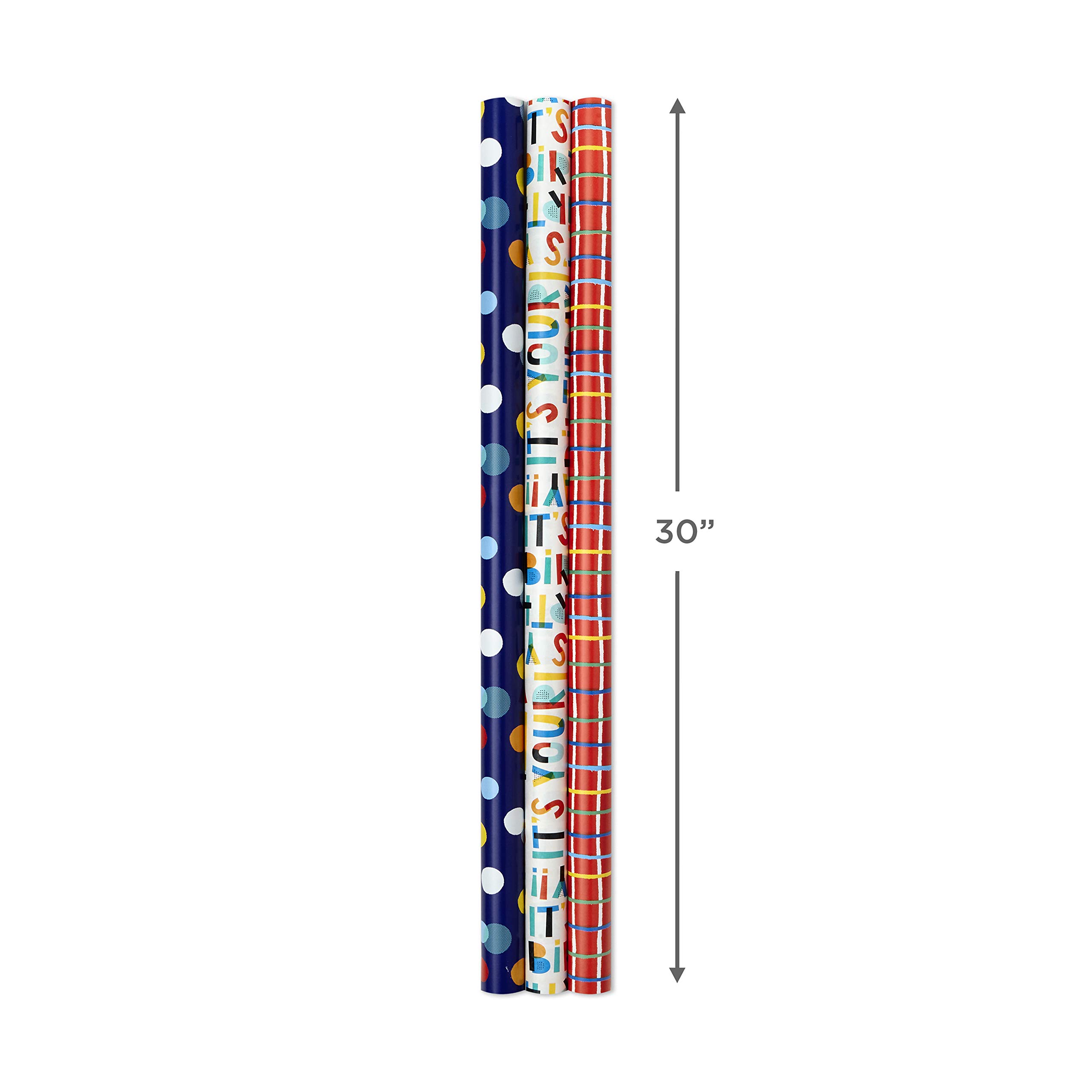 Hallmark Birthday Wrapping Paper Bundle with Cut Lines on Reverse (3-Pack: 55 sq. ft. ttl.) Bright and Holographic Prints and Patterns in Red, Blue, Yellow, White and More