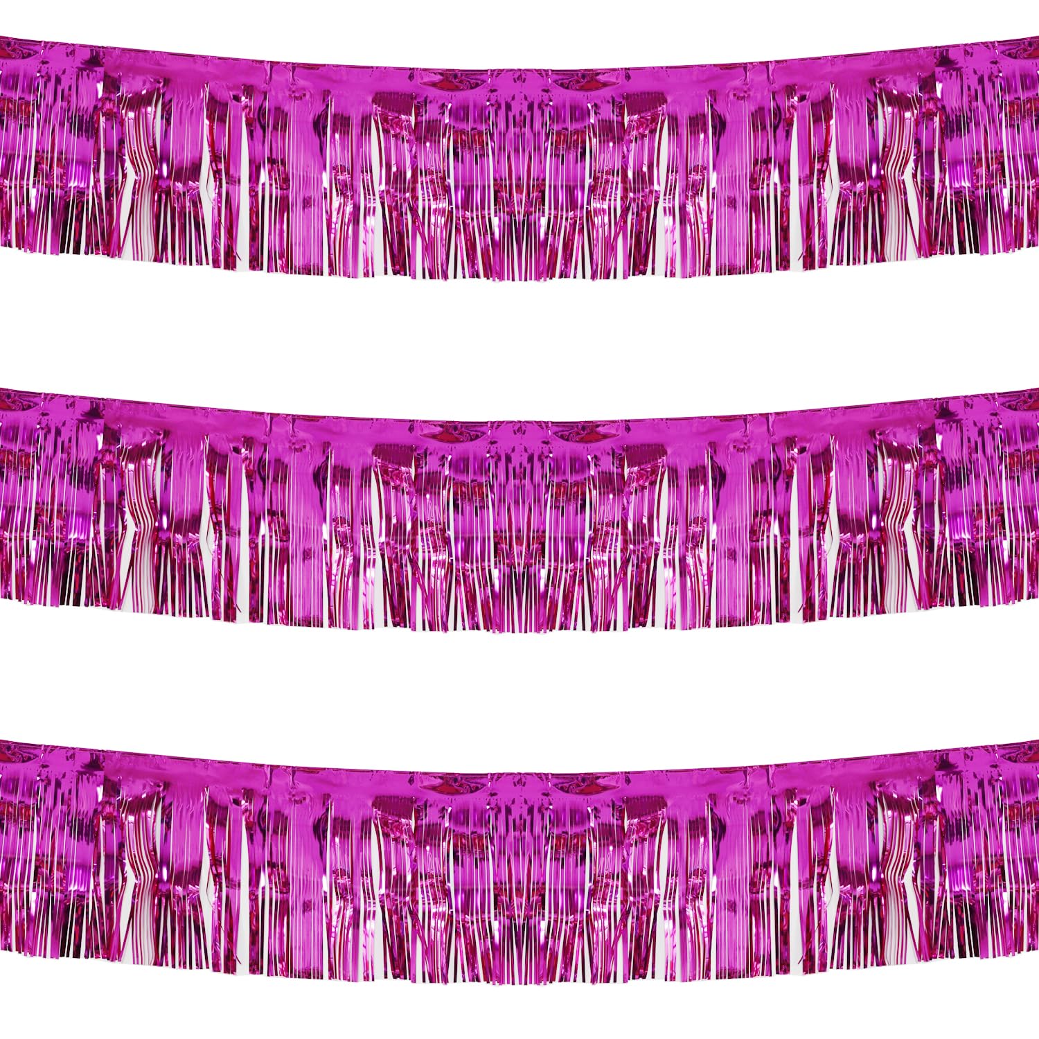 Blukey 10 Feet by 15 Inch Fuchsia Foil Fringe Garland - Pack of 3 | Shiny Metallic Tinsel Banner | Ideal for Parade Floats, Bridal Shower, Wedding, Birthday, Christmas | Wall Hanging Drapes